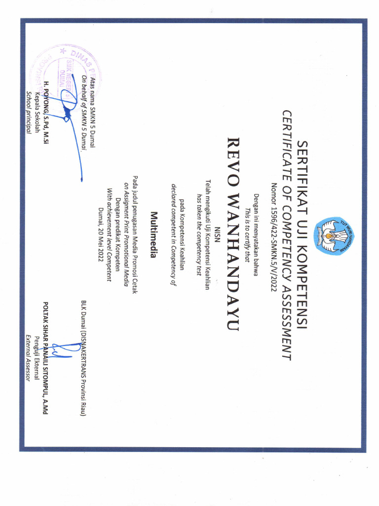 Sertifikat Uji Kompetensi - 070848 | PDF