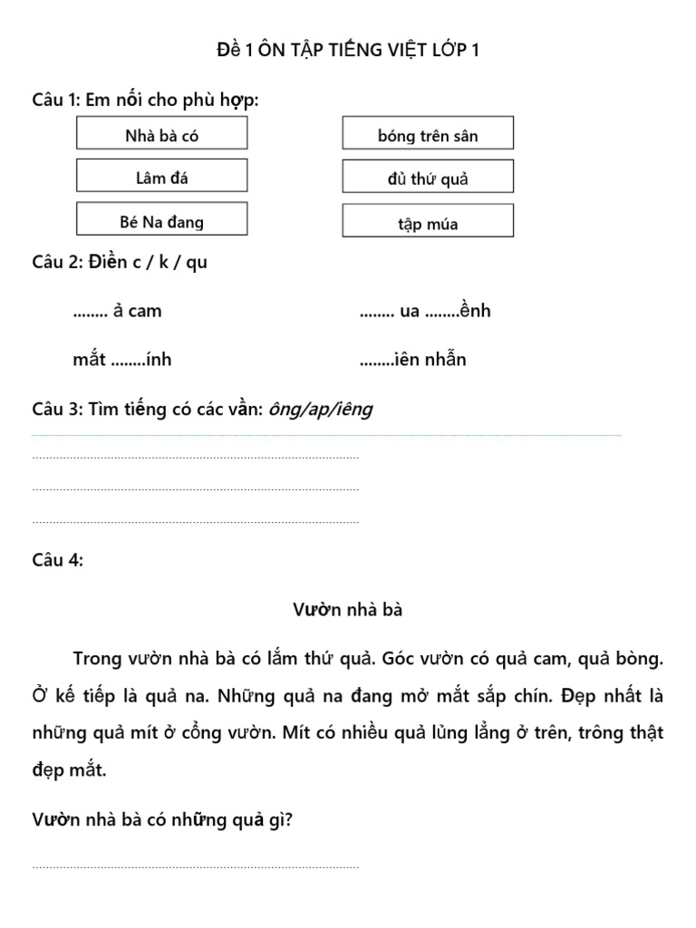 Bo de On Tap Hoc Ki 1 Mon Tieng Viet Lop 1 | PDF