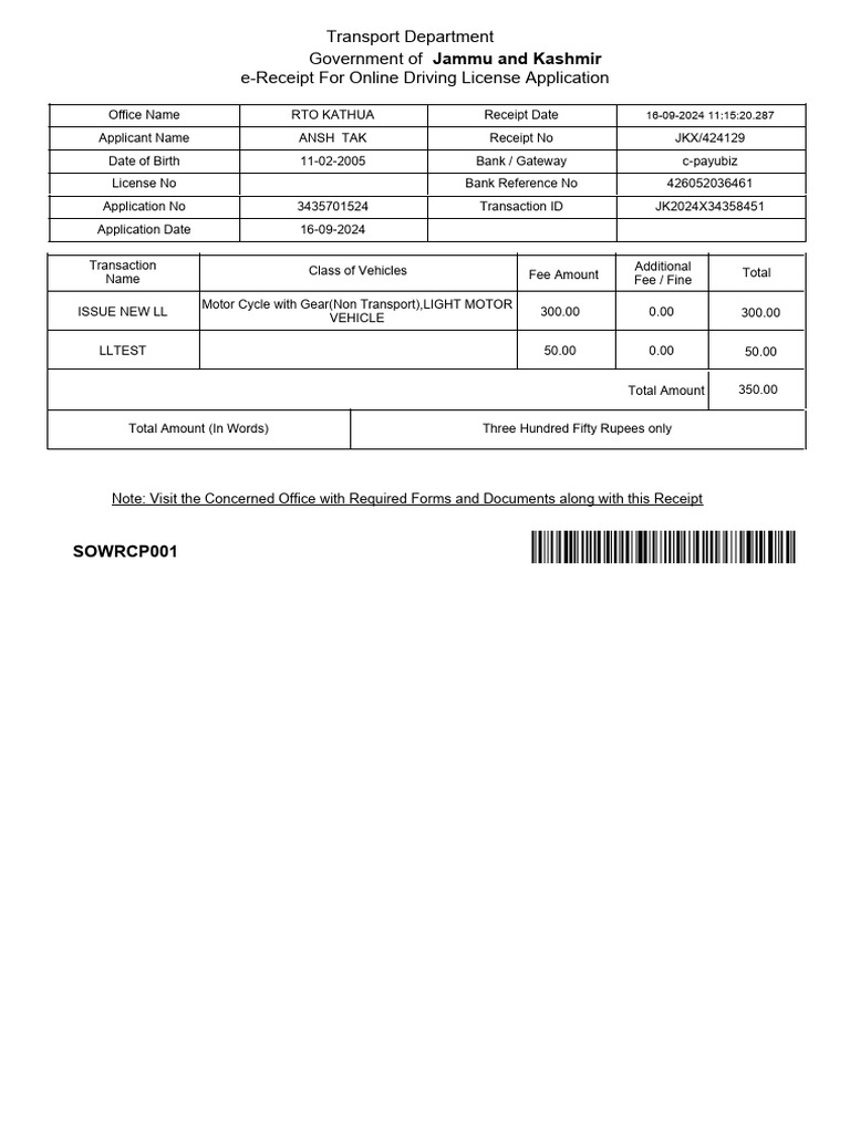 RTO Kathua Driving License Receipt | PDF