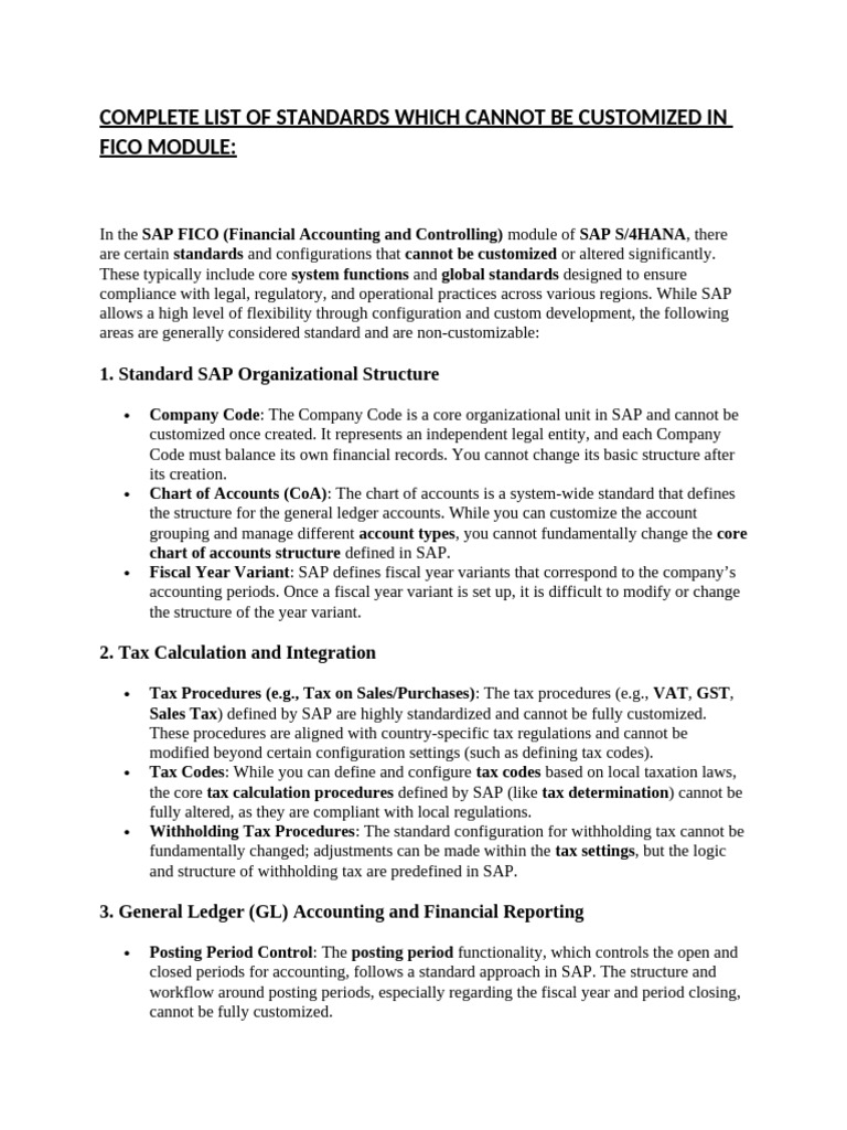 Complete List of Standards Which Cannot Be Customized in Fico Module ...