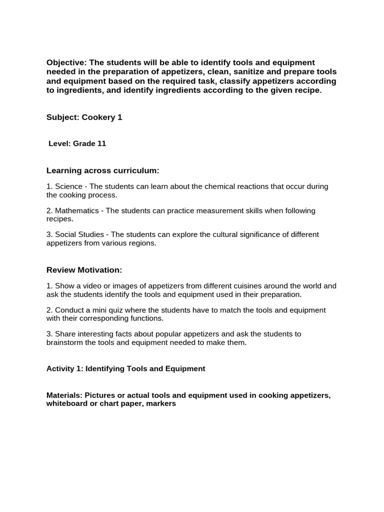 Cookery Lesson - Plan | PDF | Recipe | Oven