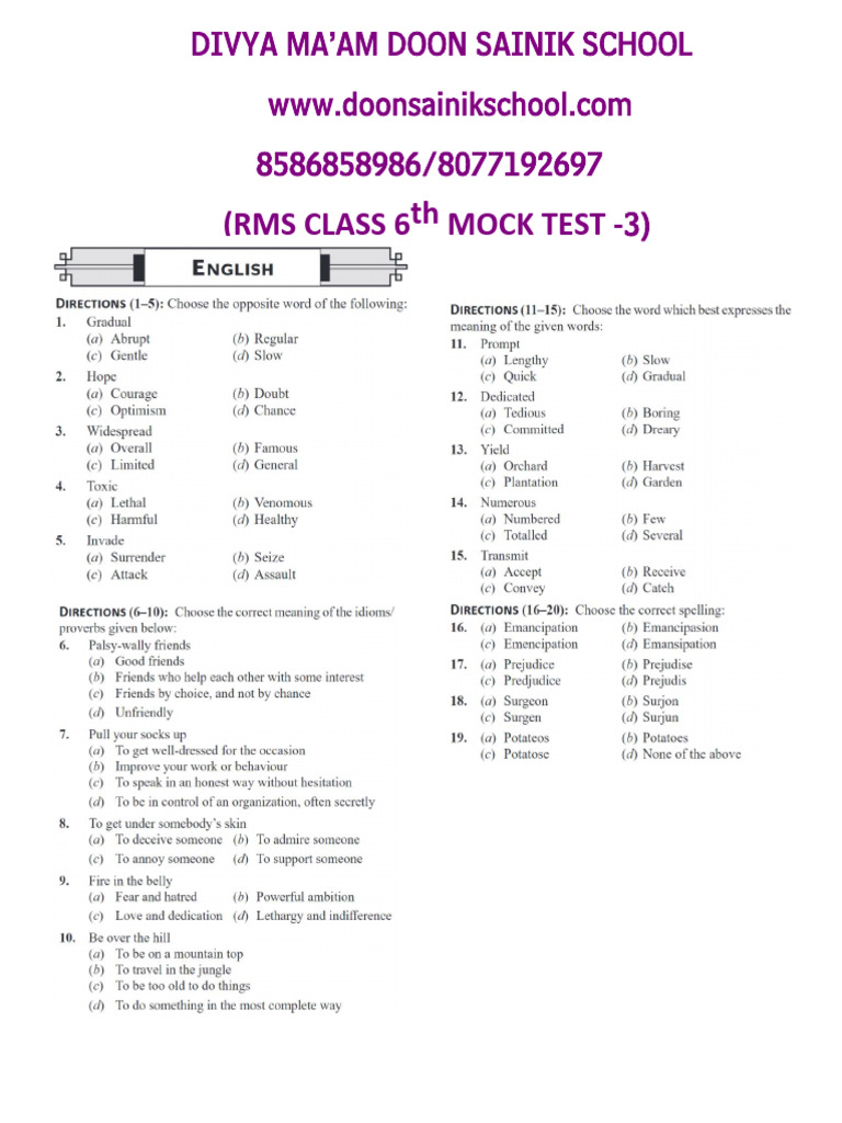 SAINIK SCHOOL RMS CLASS 6th MOCK TEST 3 2024 by Doon Sainik School ...