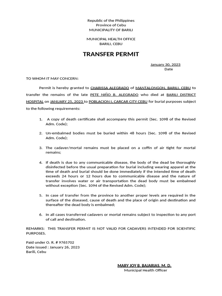 TRANSFER PERMIT - Alegrado | PDF