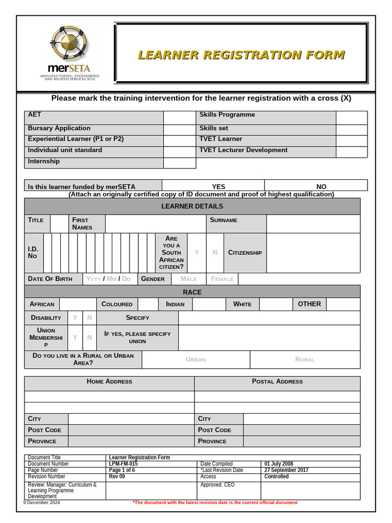 Learner Registration Form Template | PDF