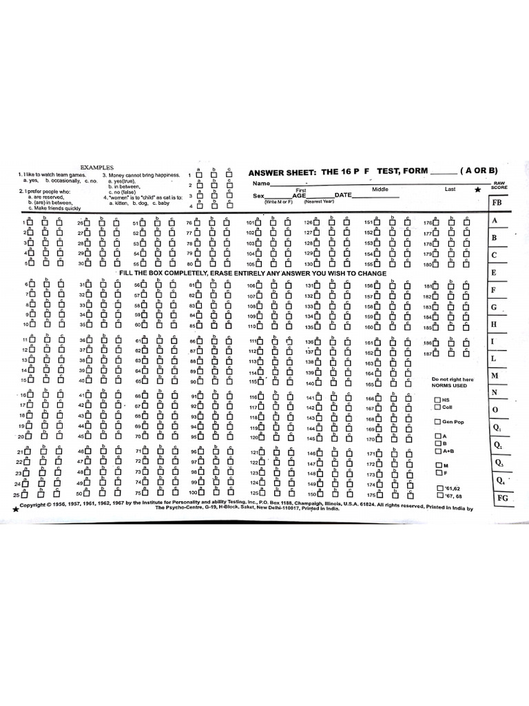 16 PF Answer Sheet | PDF