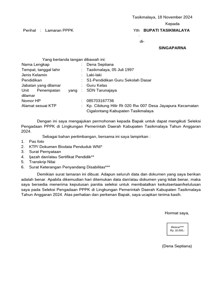 Surat Lamaran PPPK Guru 2024 | PDF