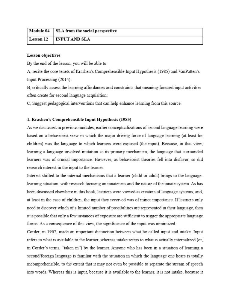 Lesson 12: INPUT AND SLA | PDF | Language Acquisition | Second Language Acquisition
