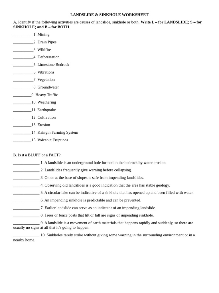 Landslide and Sinkhole Worksheet | PDF