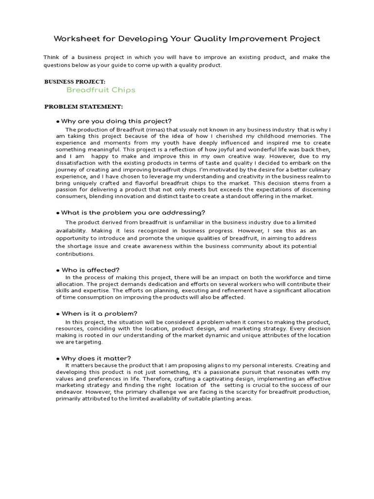 Worksheet For Developing Your Quality Improvement Project - Activitty ...