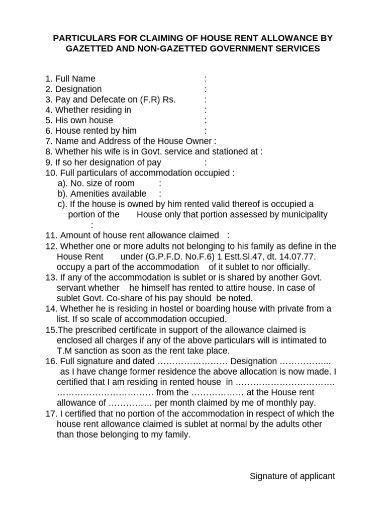 Form For House Rent Allowance | PDF