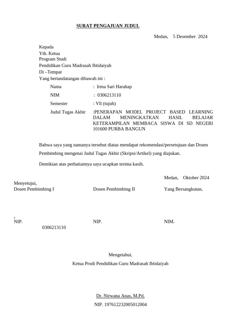 Surat Pengajuan Judul. 1 | PDF