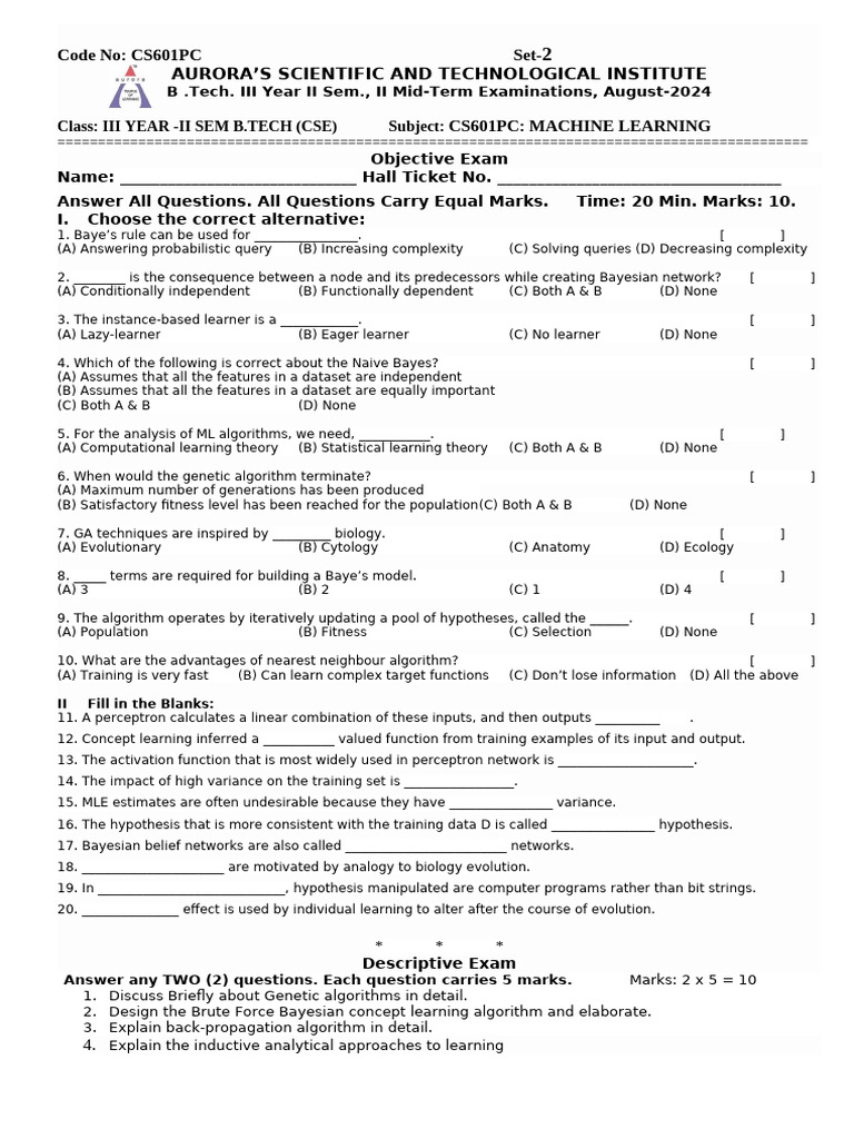 III-II Cse_ml Mid 2_set-2 | PDF | Machine Learning | Bayesian Network