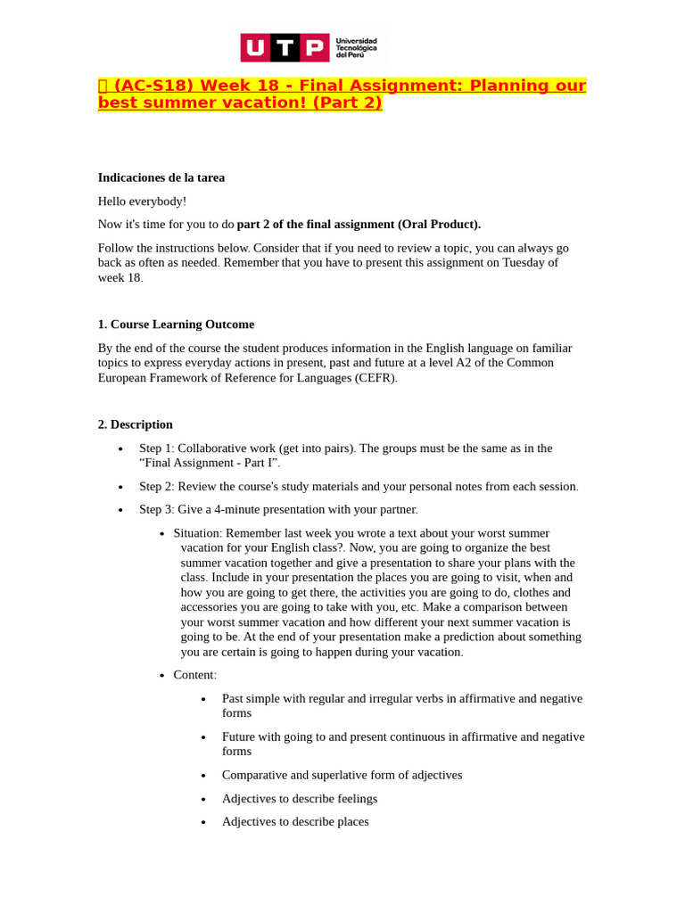 ? (AC-S18) Week 18 - Final Assignment Planning our best summer vacation! (Part 2) - INGLES 3 ...