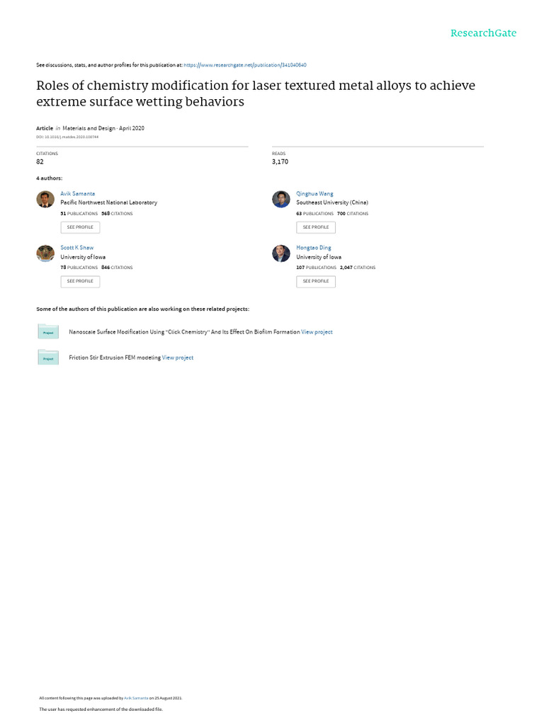 Roles of Chemistry Modification For Laser Textured Metal Alloys To ...
