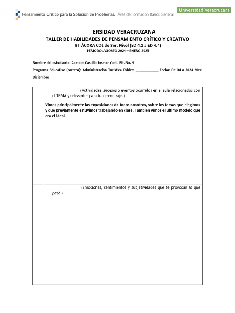 Act15. Bitacora Campos Castillo Josmar Yael | PDF | Experiencia | Conceptos psicologicos