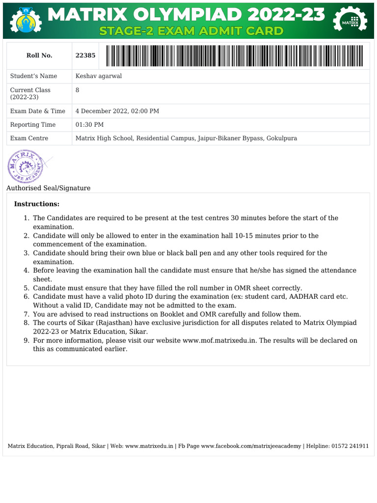 Stage 2 Admitcard 22385 | PDF