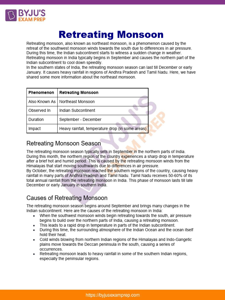 Retreating Monsoon Upsc Notes 92 | PDF | Monsoon | South India