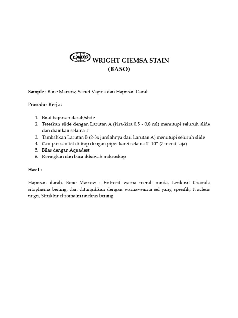 Prosedur Kerja Wright Giemsa Stain (Baso) | PDF