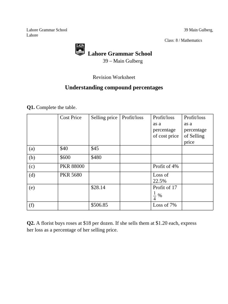 Revision Worksheet 1-Math-Grade8 | PDF