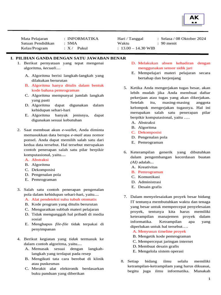 CONTOH SOAL PTS INFORMATIKA KELAS X DTC AKM | PDF