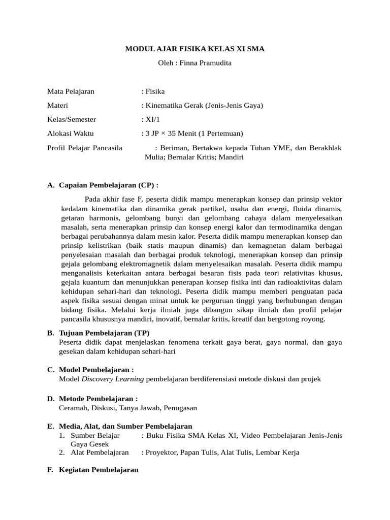 Modul Ajar Fisika Kelas Xi Jenis-Jenis Gaya | PDF