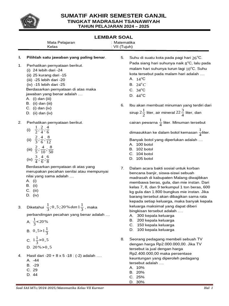 Soal Sas Ganjil Matematika Kelas 7 Kurmer Tapel 2024-2025 | PDF