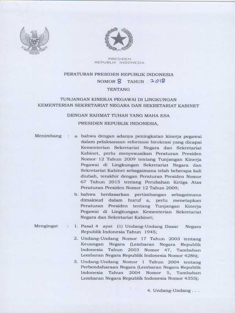 Perpres 8 2018 Tukin Setneg | PDF