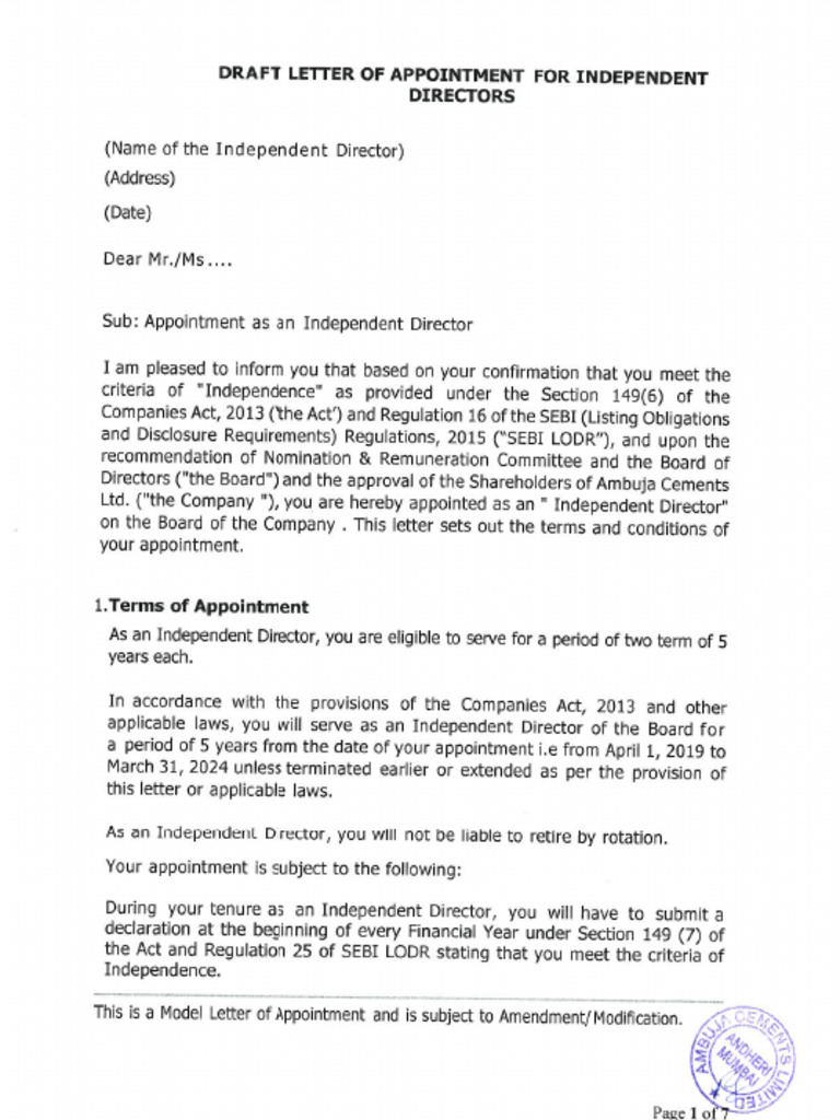 Draft Letter of Appointment For Independent Directors 05032019 | PDF