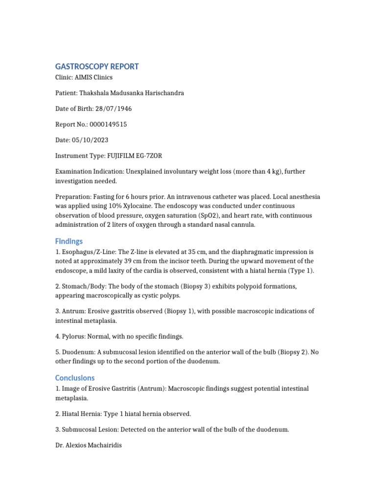 Gastroscopy Report Thakshala Madusanka Harischandra | PDF