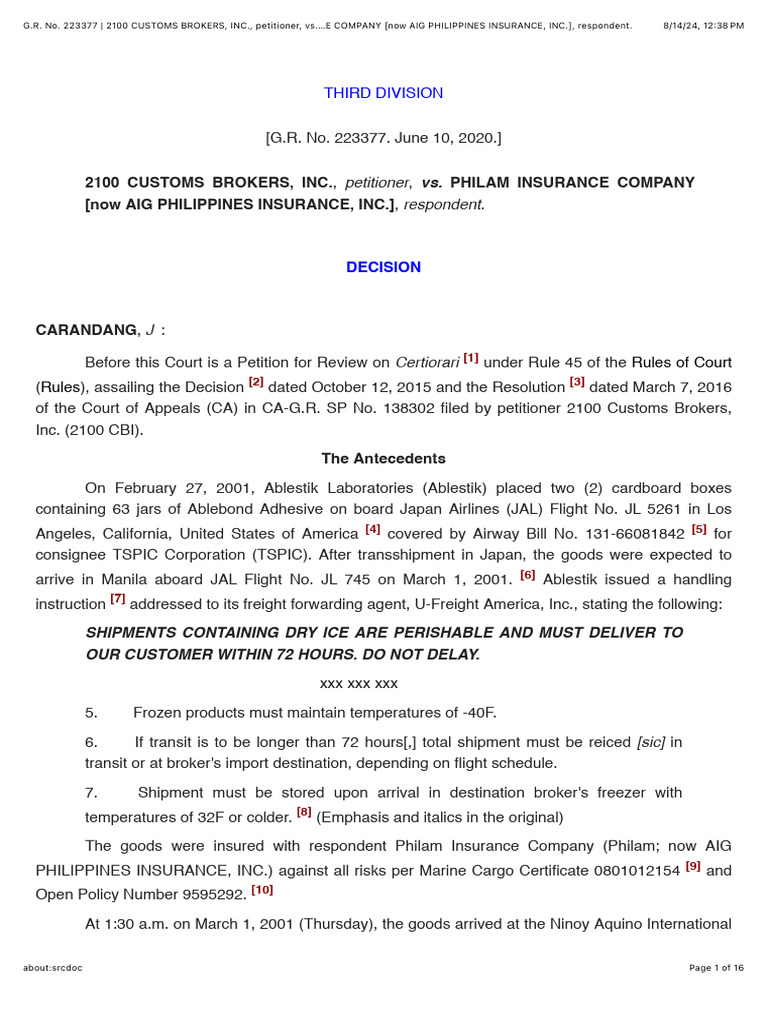 2100 Customs Brokers, Inc. v. Philam Insurance Co. | PDF | Cargo ...