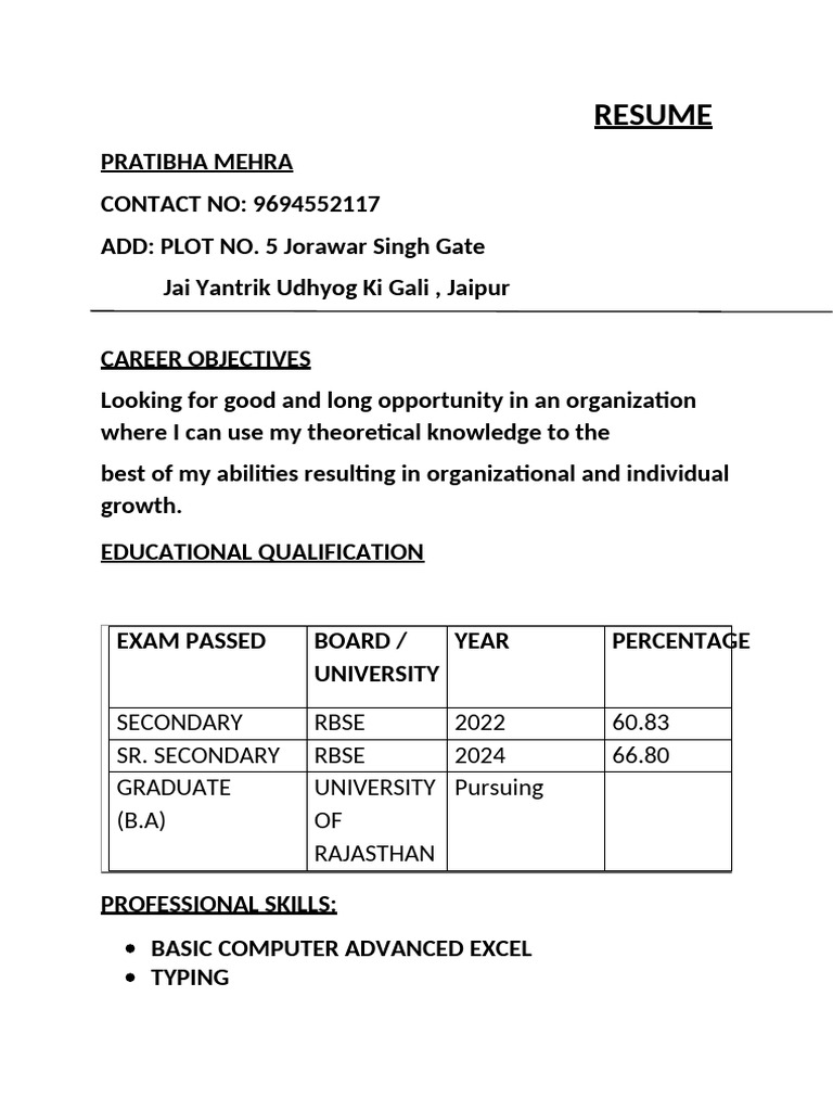 Resume of Pratibha | PDF