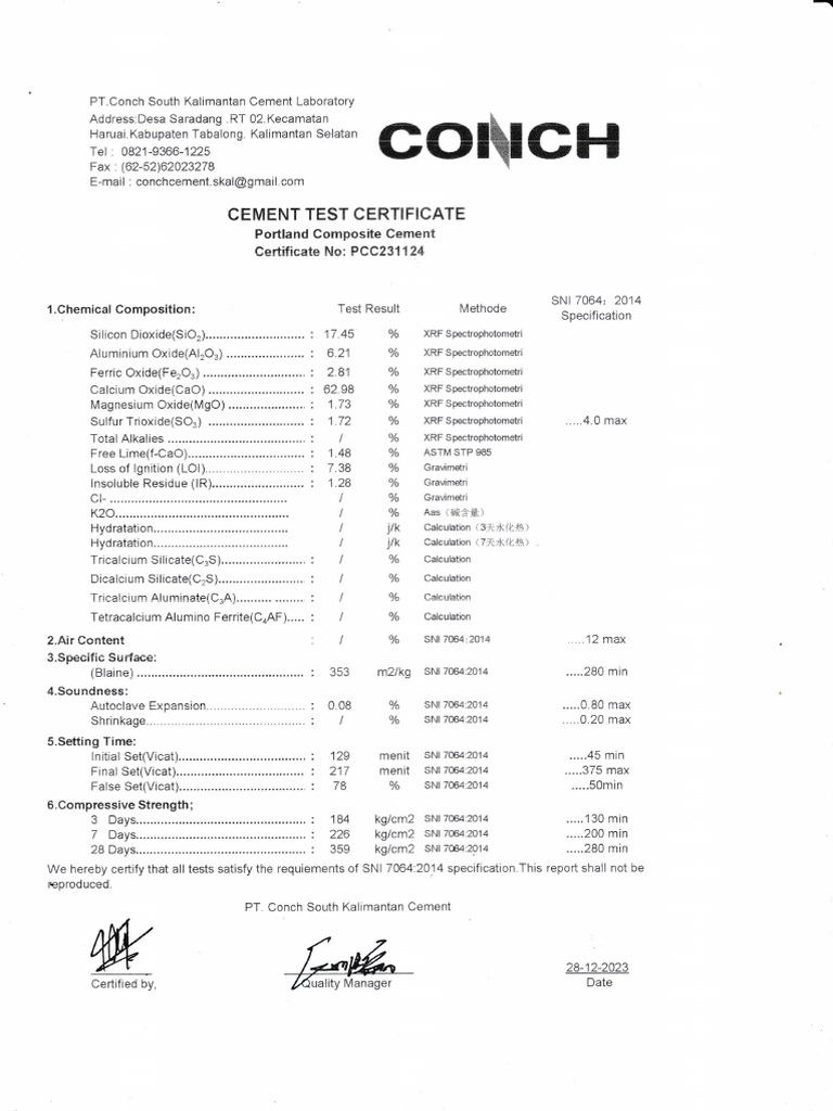 11月2023 年 28d 质保书 PCC Cement Test Certificate | PDF