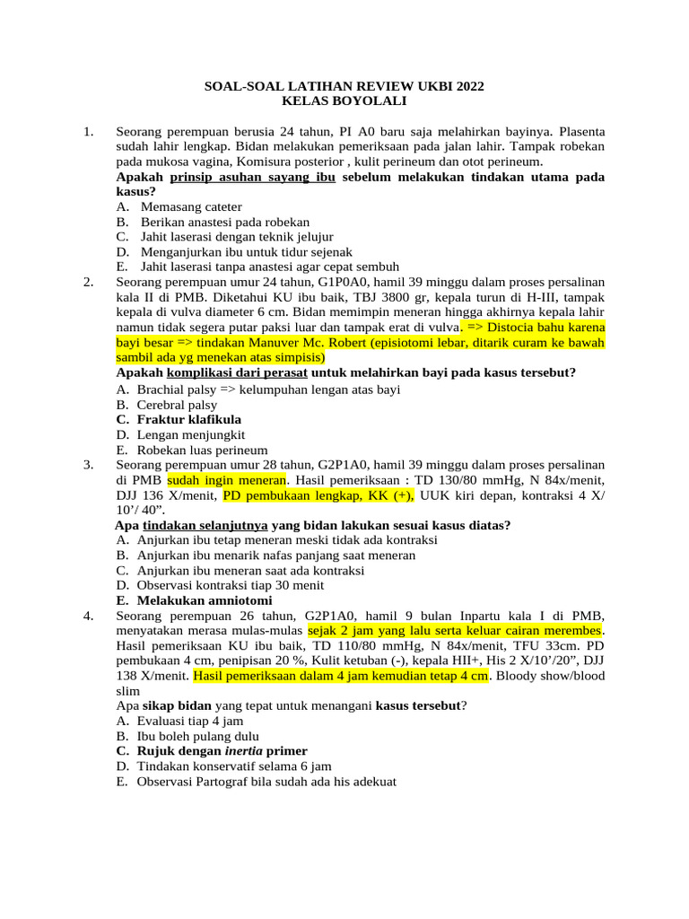 Soal Latihan Ukbi Persalinan - Kelas Boyolali | PDF