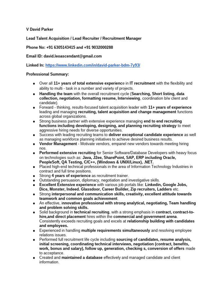 David Parker Lead Talent Acquisition - Lead Recruiter - Recruitment ...
