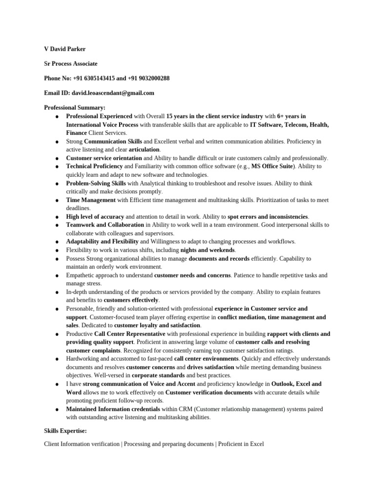 David Parker - SR Process Assocaite (Voice Process) | PDF | Customer ...