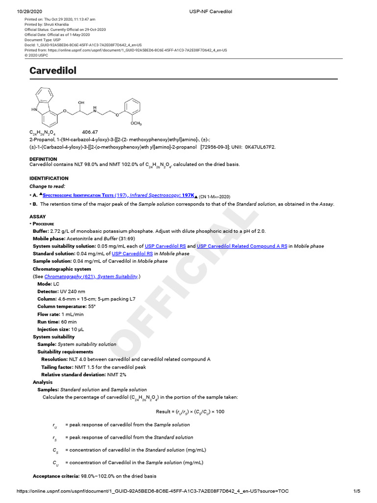 USP-NF Carvedilol | PDF | Chromatography | Laboratory Techniques