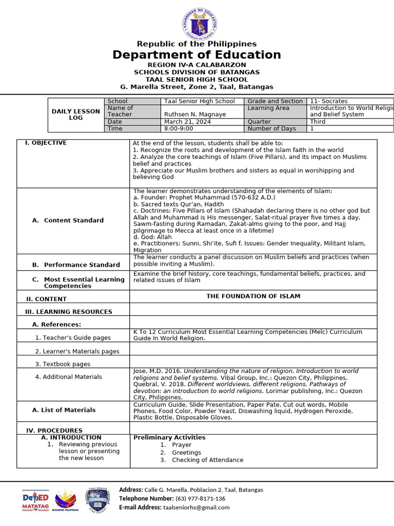 Dll-Observation-Cot3-World Religion | PDF | Prayer | Quran