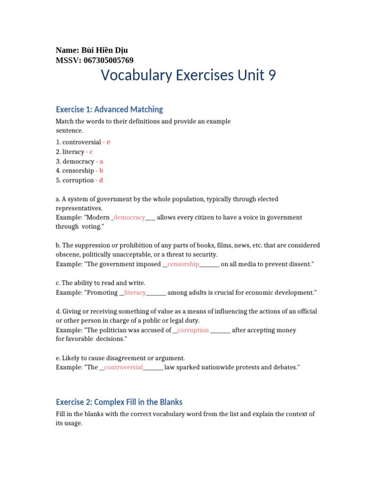 Vocabulary - Exercises - Unit 9 | PDF | Government | Democracy
