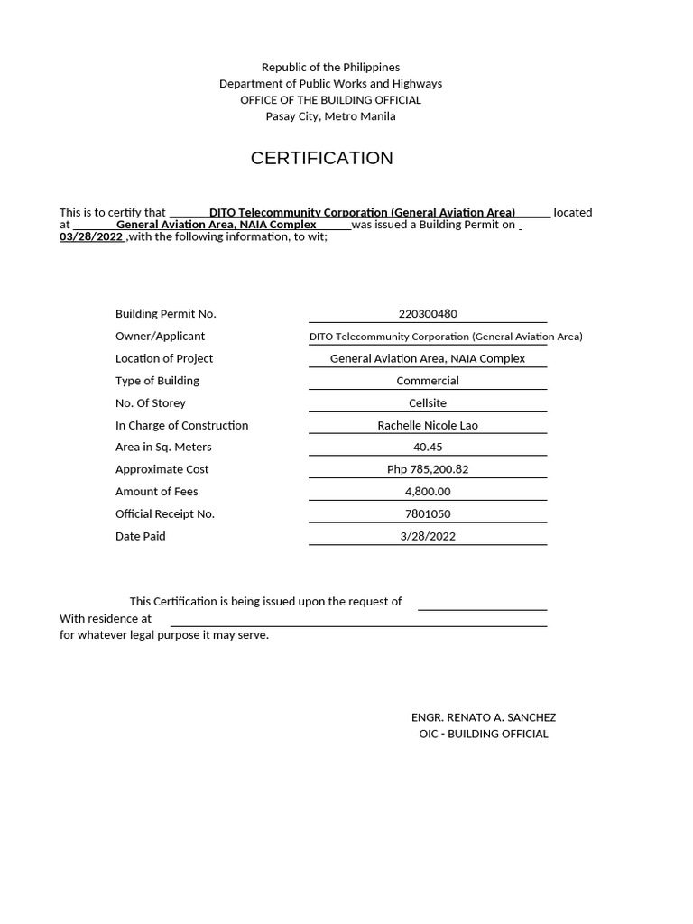 Certification: DITO Telecommunity Corporation (General Aviation Area ...