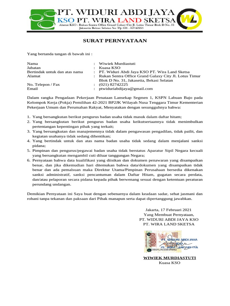 Surat Pernyataan - Labuan Bajo | PDF