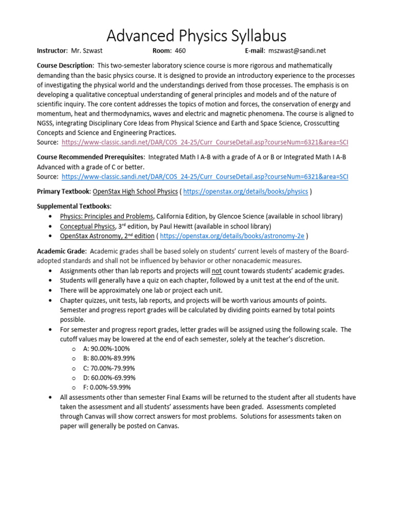 Szwast Advanced Physics Syllabus 2024-2025 | PDF | Force | Physics