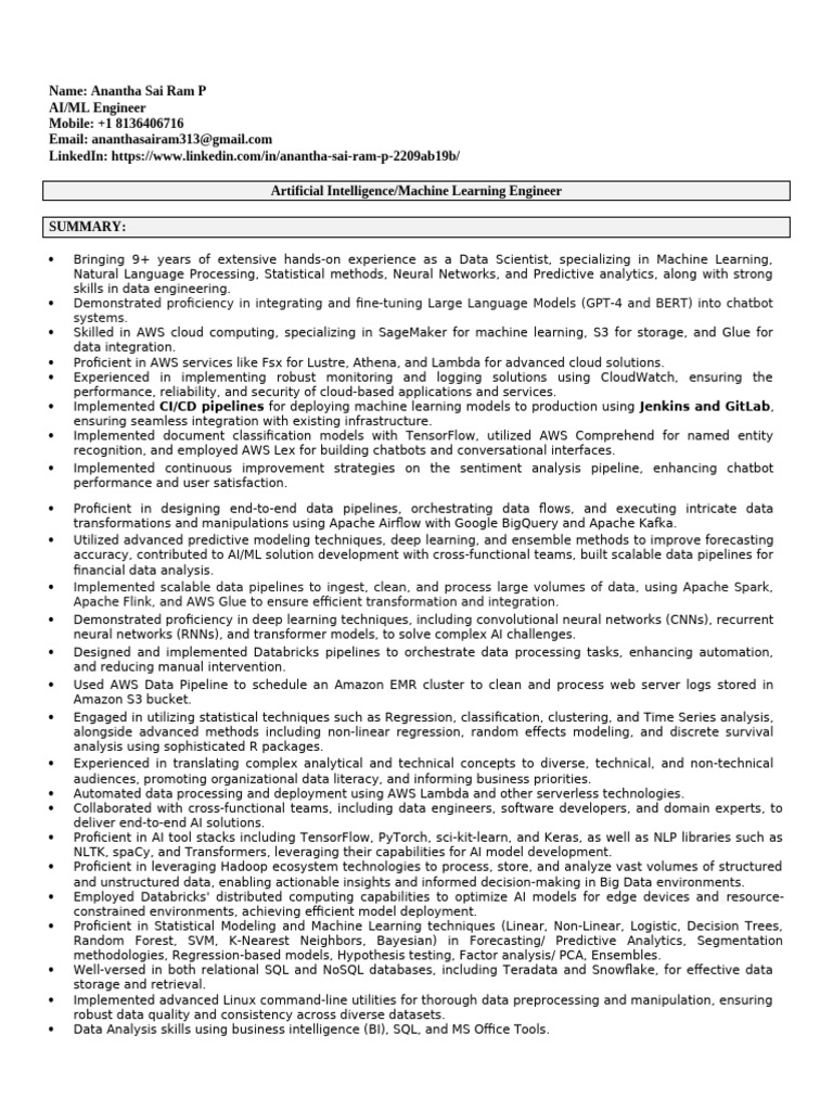 AI/ML Engineer with 9+ Years Experience | PDF | Machine Learning ...
