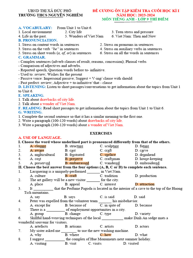 ĐỀ CƯƠNG ANH 9 CUỐI HK1 (23-24) | PDF | Verb | Vietnam