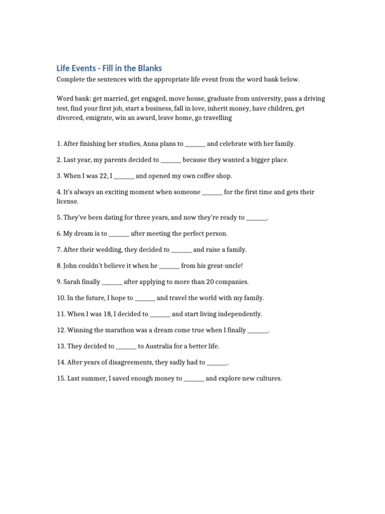 Life Events Fill-in-the-Blank Activity | PDF