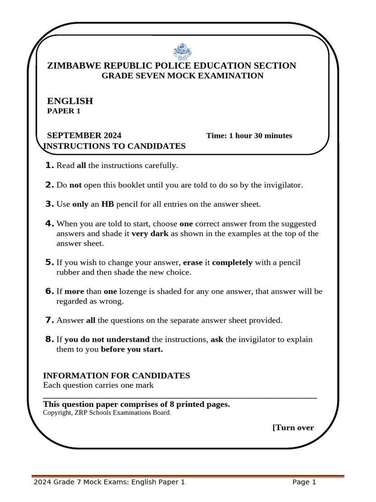 Grade 7 Mock English Paper 1 | PDF