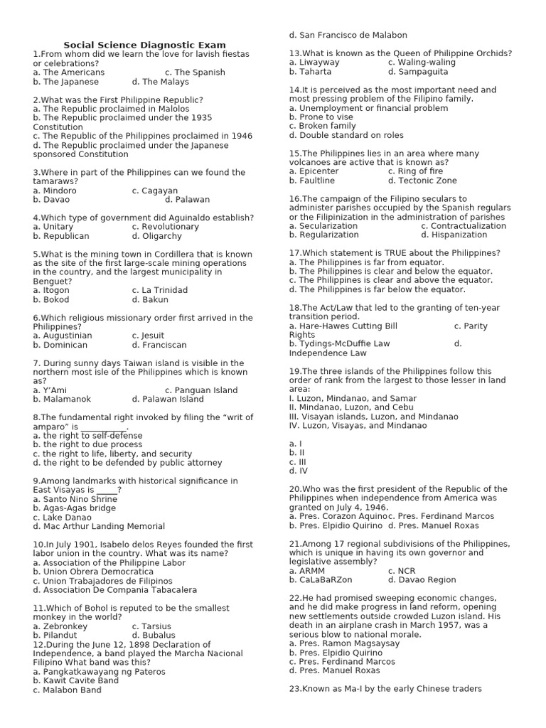 Social Science Diagnostic Exam | PDF | Philippines | Economic Equilibrium