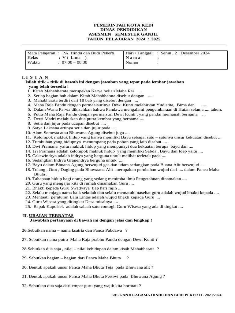Soal Asesmen Klas V, Kumer | PDF