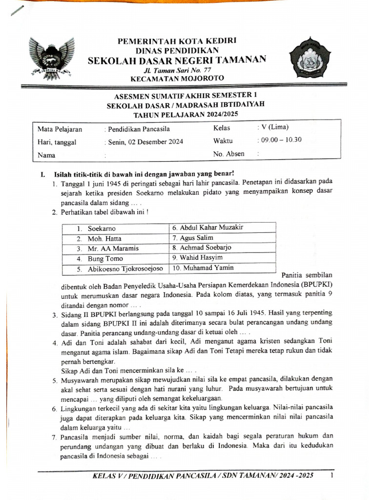 Soal PKN PAS 1 2024 | PDF