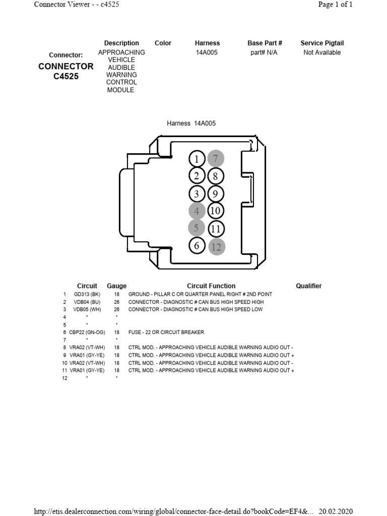 Approaching Vehicle Audible Warning Control Module Connector C4525 | PDF