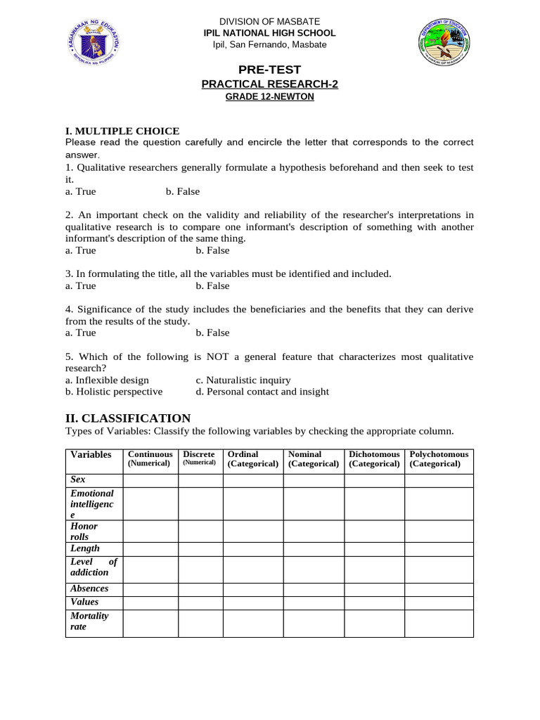 Practical Research-2 Pre Test | PDF | Categorical Variable | Scientific ...